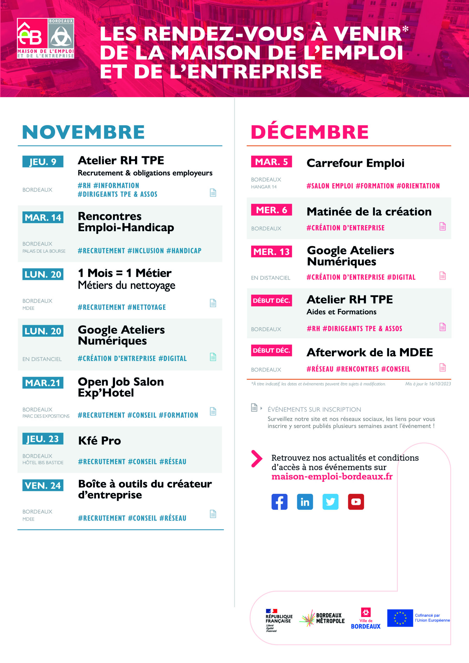 Récap' des évènements à venir de la MDEE - Maison de l'Emploi de Bordeaux
